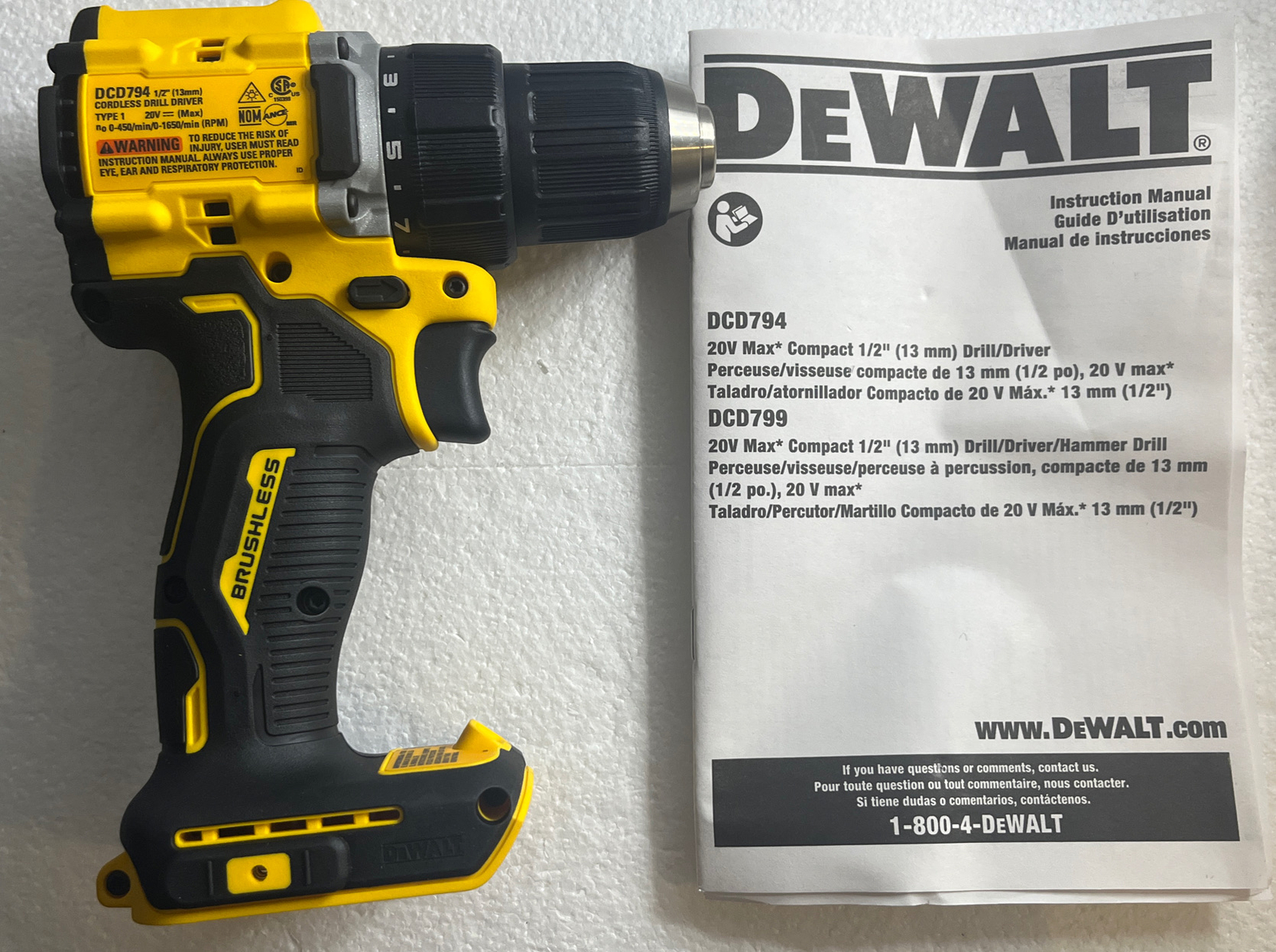 DeWalt DCD794 ATOMIC 20v Max Type 1 Brushless Cordless 1/2" Drill ...