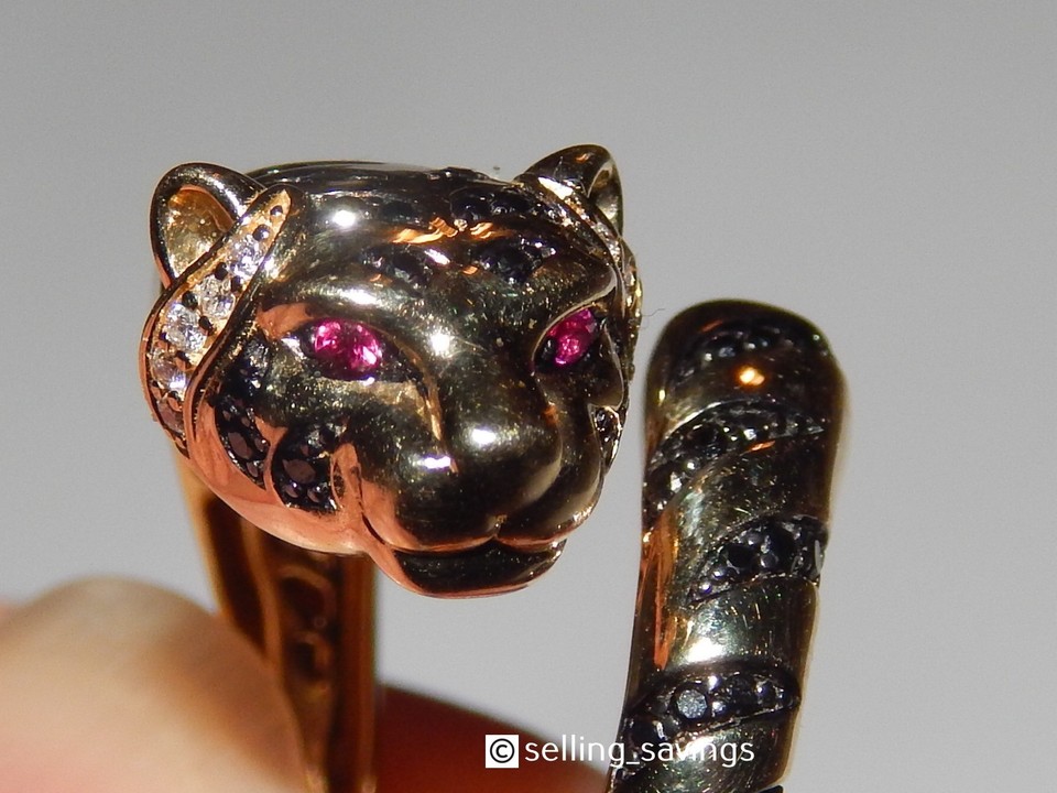 14K YELLOW GOLD EFFY DIAMOND & RUBY EYE PANTHER CAT WRAP BYPASS RING ...