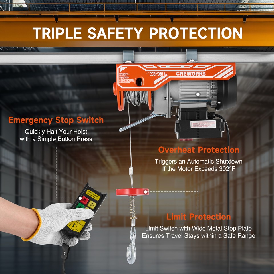 CREWORKS Electric Hoist 500 lb Crane Winch with 328 ft Wireless Remote ...