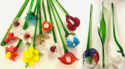 Vtg Murano Style Hand Blown Art Glass Long Stem Flowers & Stem 19-20 ...