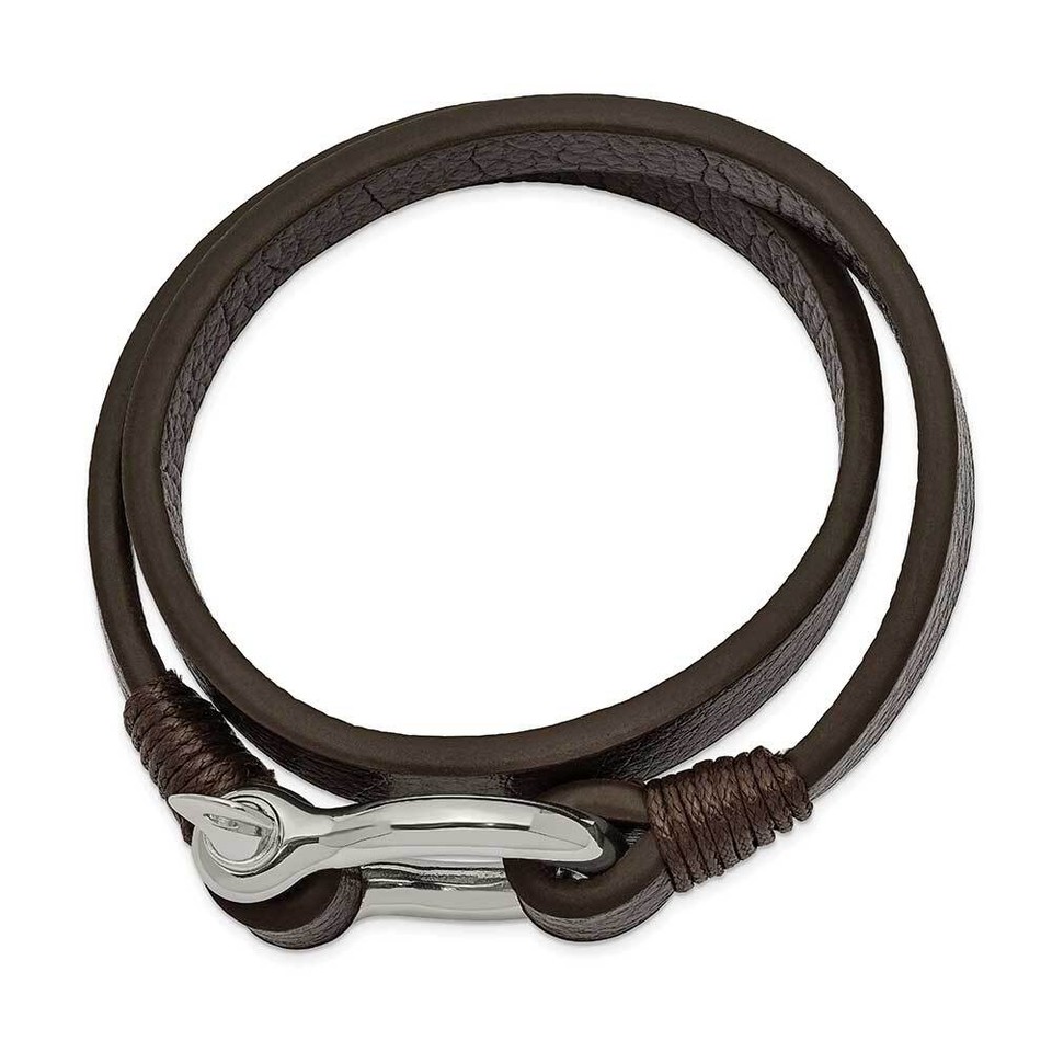 Stainless Steel Polished Brown Leather 16" Wrap Shackle Bracelet ...
