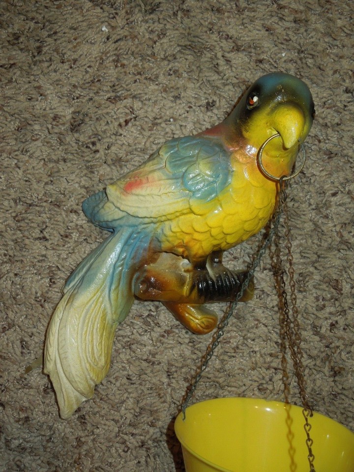 Pair of Plaster Hand Painted Parrots Handing Wall Art W/ Planter Dishes ...