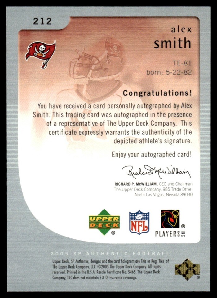 2005 SP Authentic Alex Smith Rookie Auto 074/850 Tampa Bay Buccaneers ...