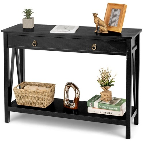 Black Console Entryway Hallway Table W/Storage Drawers & Display Shelf ...