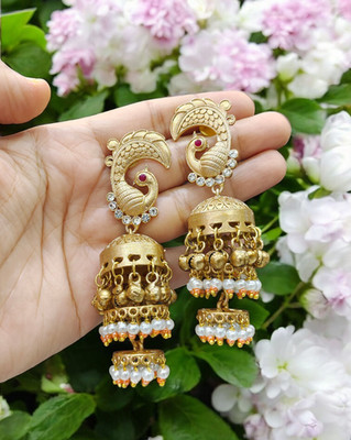 Indian Peacock motifs Dull.gold finish ghungroo drops jhumkis earrings ...