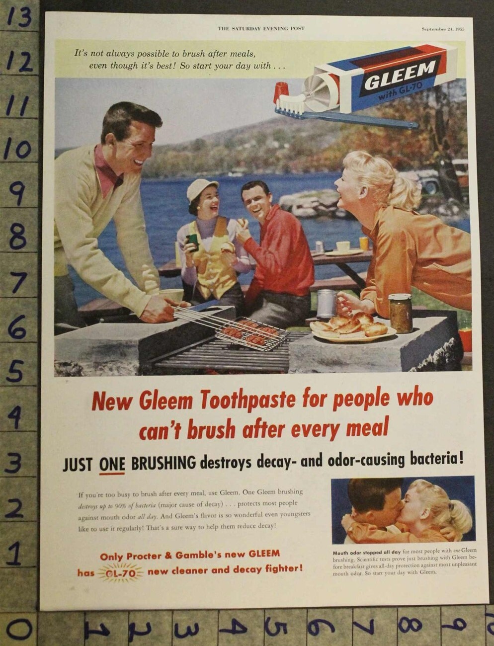 1955 GLEEM TOOTHPASTE DENTAL DENTIST PICNIC NAUTICAL DATE ROMANCE BRUSH ...