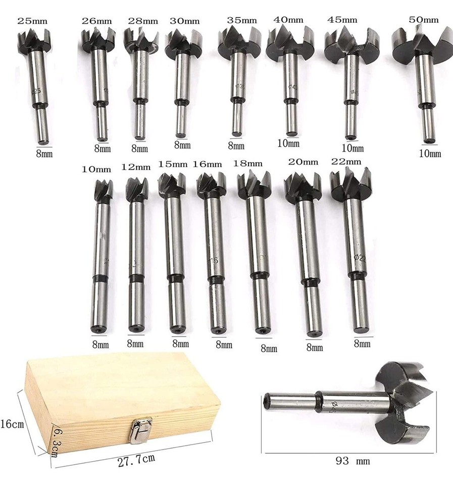 FORSTNER 15 Piece Drill Bit Set 10-50mm Hole Boring Precision Hole ...
