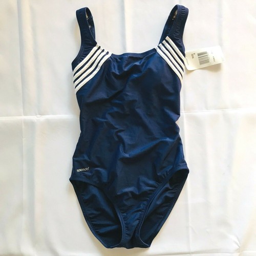 Speedo Womens One Piece Athletic Swimsuit Size 8 Logo Navy Blue Striped ...