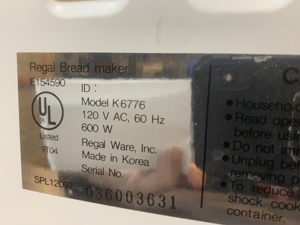 Regal Kitchen Pro Collection Bread Maker Model K6776 120V 600W Tested ...