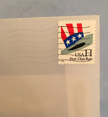 USPS 1998 first-class rate “H” stamp, used & cancelled, attached to ...
