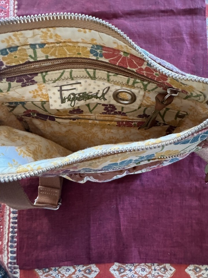 Fossil Crossbody Bag Womens Floral Canvas Leather Trim Adjustable Strap ...