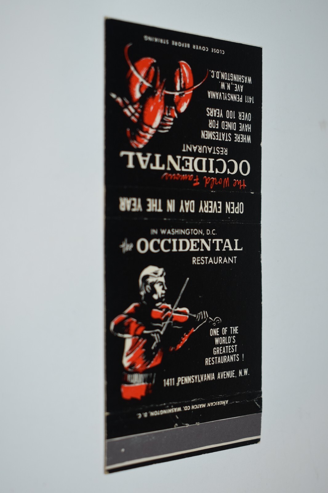 Occidental Restaurant Washington DC 30 Front Strike Matchbook Cover | eBay