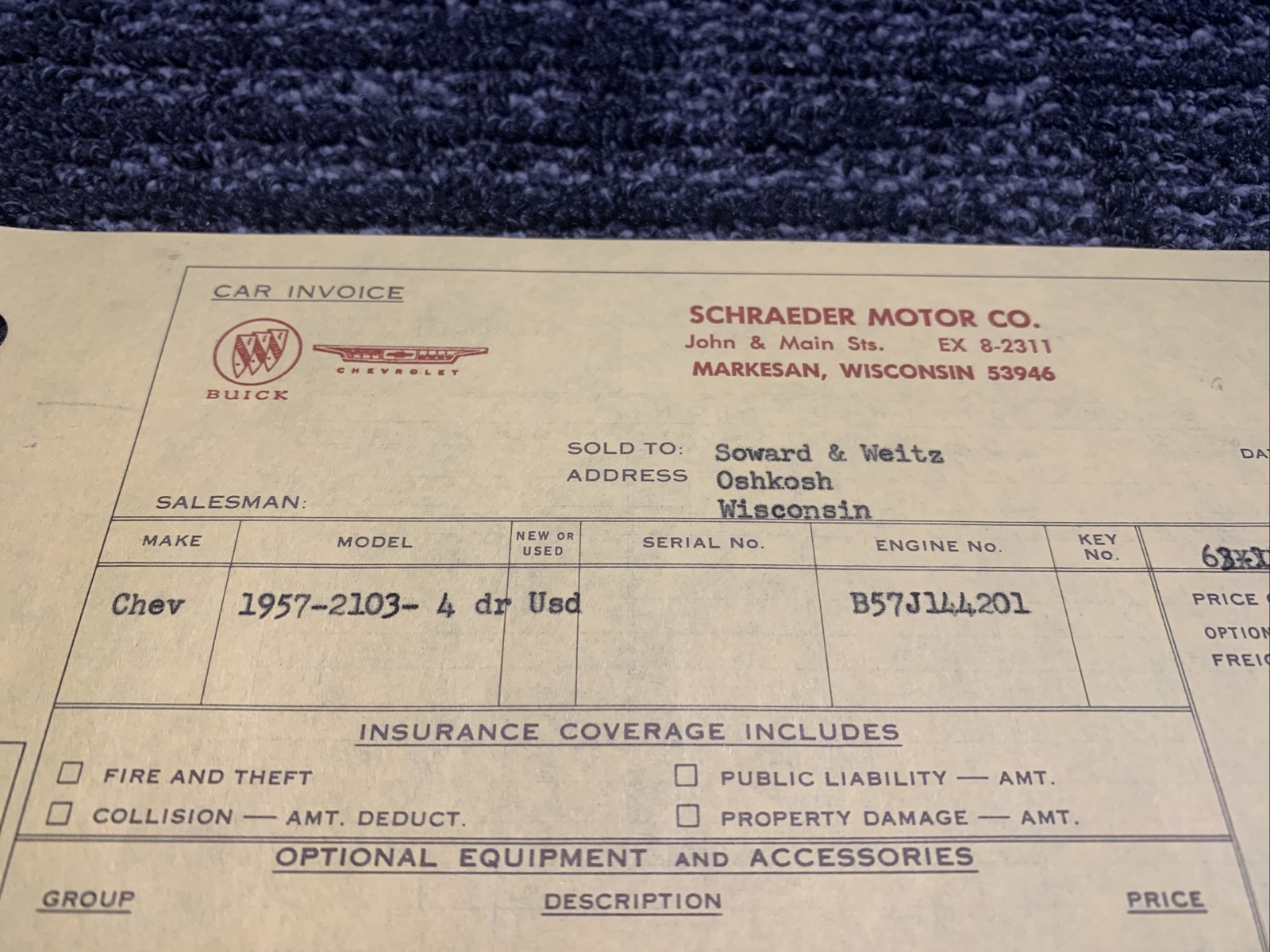 Vtg 1957 Chevrolet Used Auto Dealer Sales Receipt Car Dealership ...