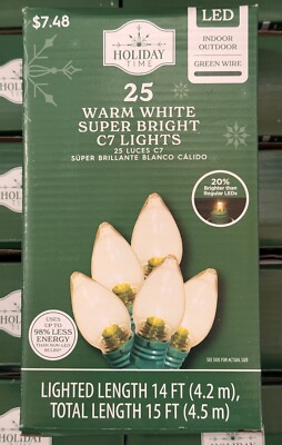 NEW! Holiday Time 25 Warm White SUPER BRIGHT C7 LED String Lights Green ...