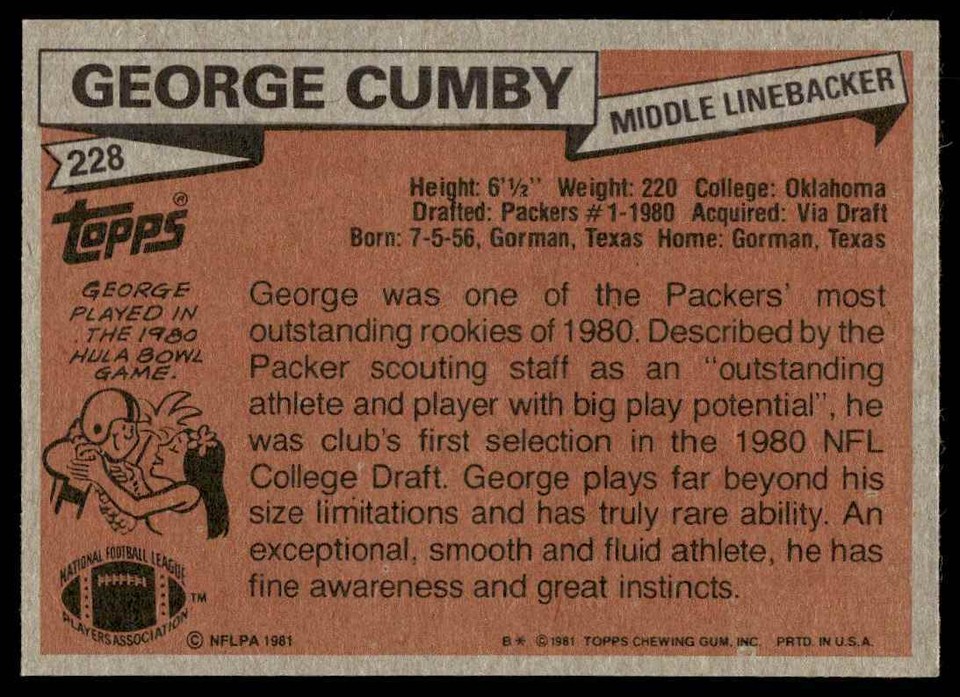 1981 Topps George Cumby RC Green Bay Packers #228 | eBay