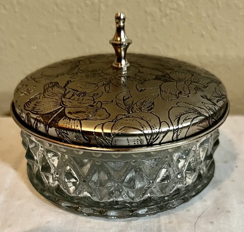 VTG Clear Glass Powder Vanity Box Container Octagon Dot Pattern Floral ...
