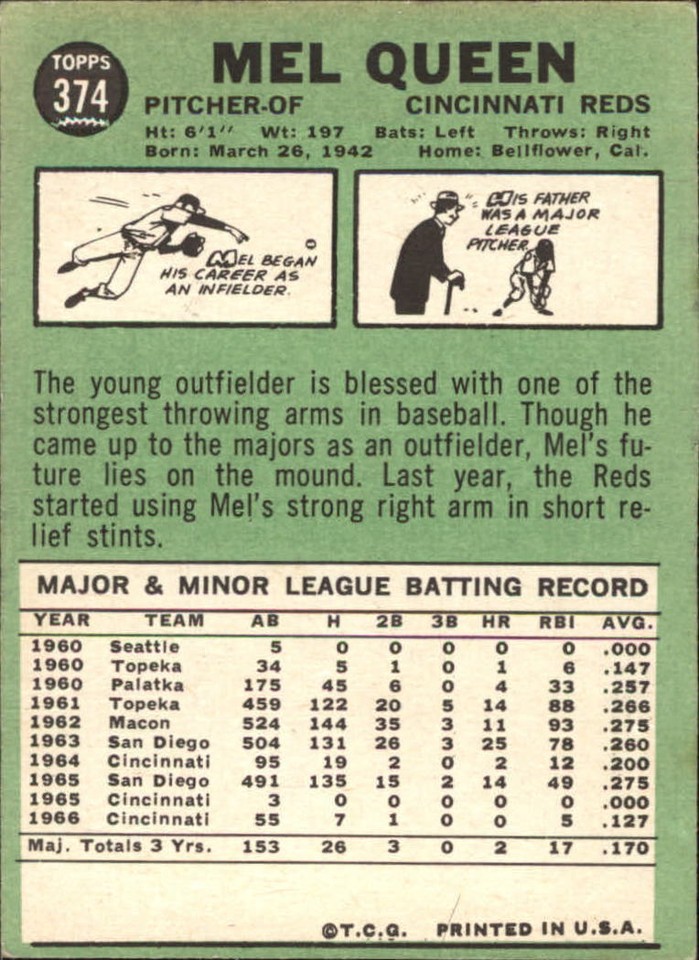 1967 Topps Baseball Card #374B Mel Queen - GOOD | eBay