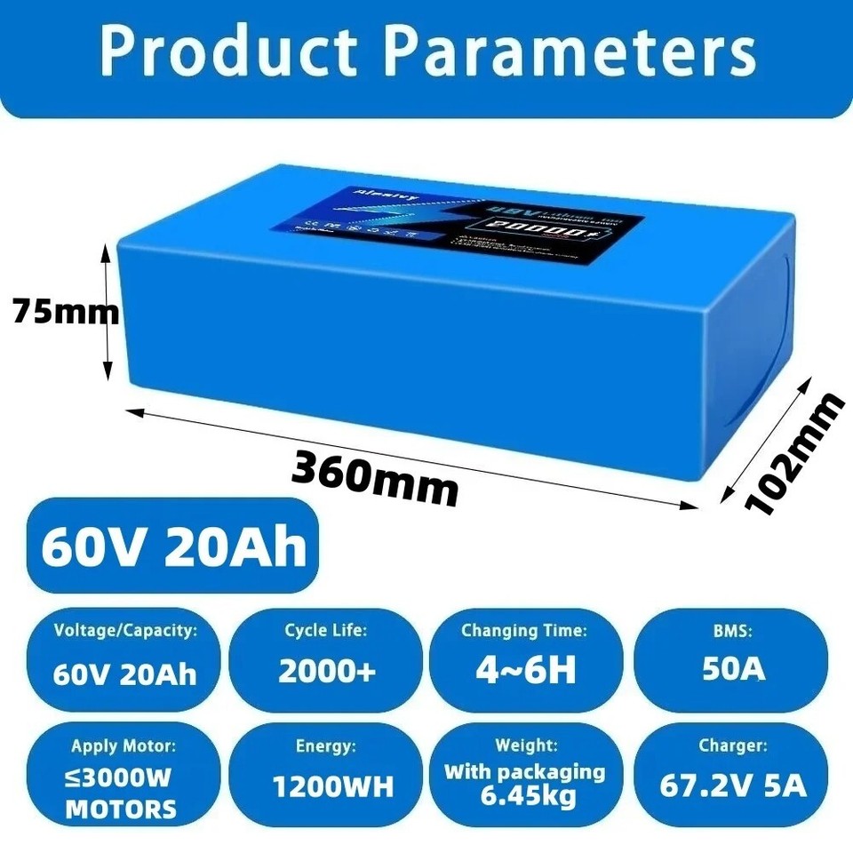 60V 20AH Lithium ion E-Bike Battery 50A BMS 3000W Electric Motor ...