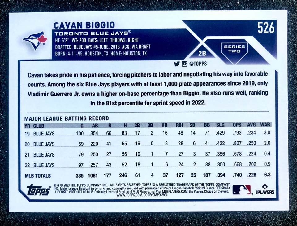 2023 Topps Cavan Biggio #526 Toronto Blue Jays Baseball Card | eBay