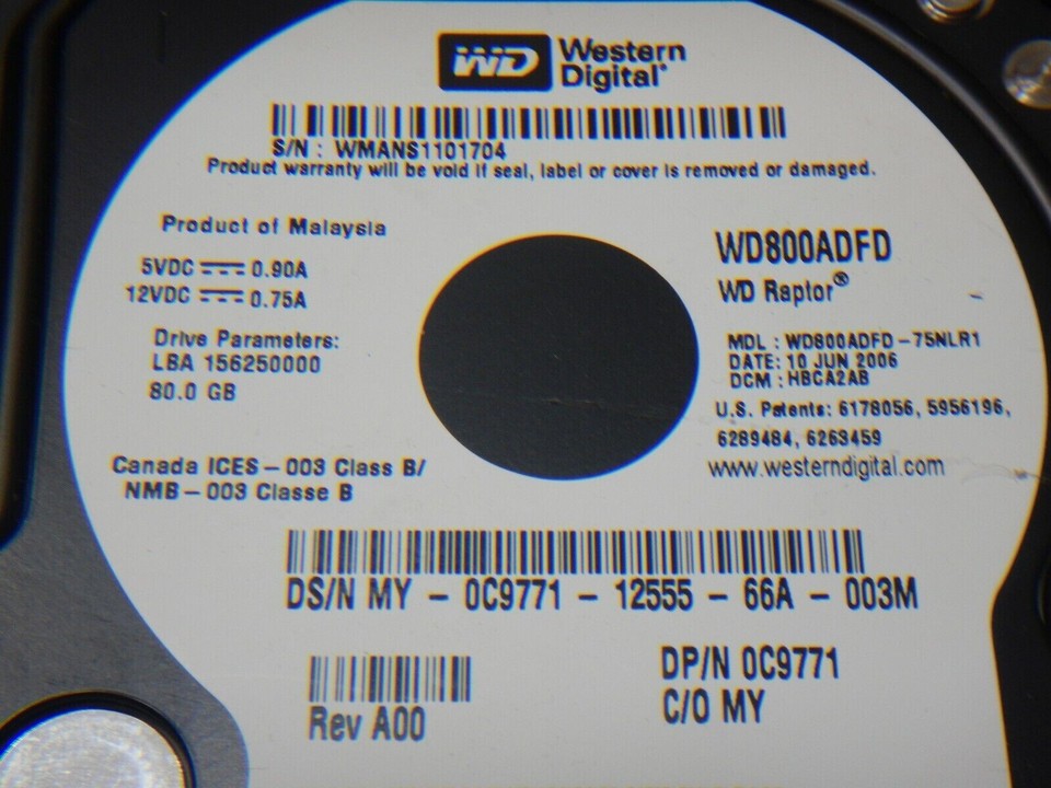 Western Digital Raptor 80GB 10K SATA DRIVE - WD800ADFD-75NLR1 - 0C9771 ...