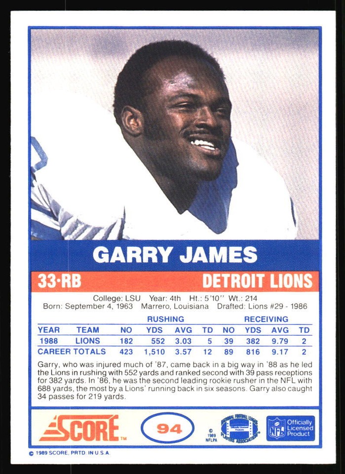 1989 Score Garry James #94 Detroit Lions | eBay