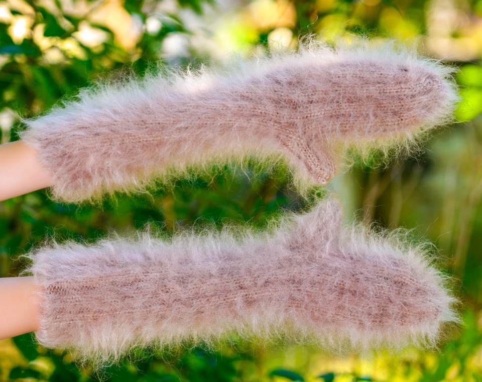Fuzzy long mohair mittens thick warm handmade soft ski hand warmers ...