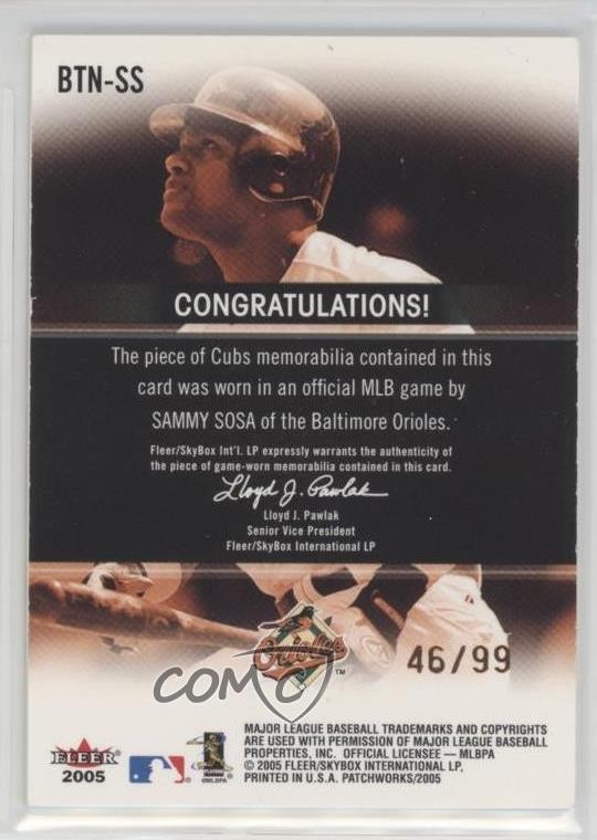 2005 Fleer Patchworks By the Numbers Patch /99 Sammy Sosa #BTN-SS Patch ...