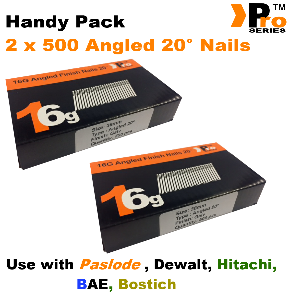 2 x 500 nail packs- size 38mm 16g ANGLED 20° for Dewalt ,Paslode ...