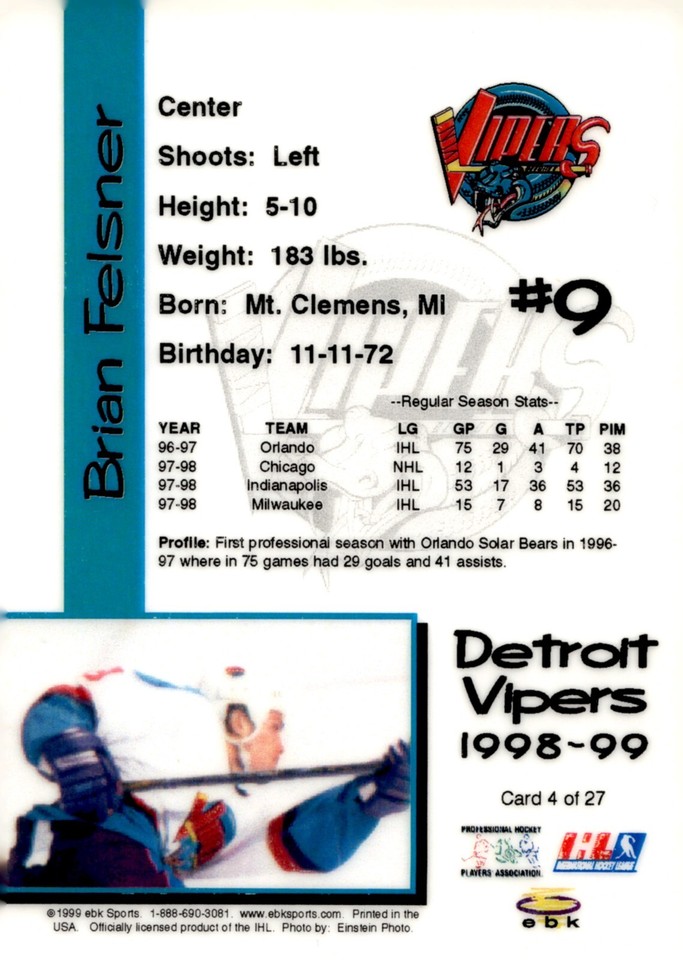 Brian Felsner - Signed 1998-99 Detroit Vipers Team Issued Card #9 | eBay