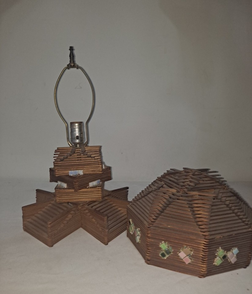 Vintage 18” Popsicle Stick Lamp And Shade Tramp Art Folk Art | eBay