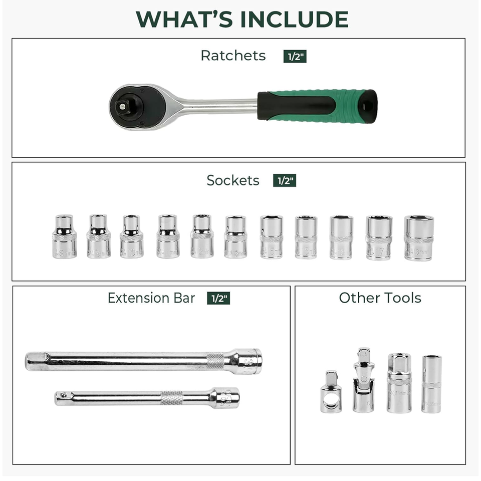 227 Pcs Professional Ratchet Socket Set 1/2" 1/4" 3/8" Tool Kit ...