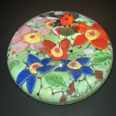 Floral Ladybug Paperweight Art Glass Applied Ladybug 3” Diameter | eBay