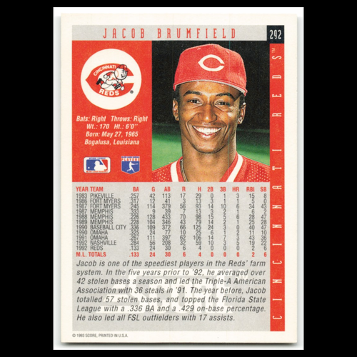 Jacob Brumfield Rookie #292 1993 Score Cincinnati Reds Baseball Card ...