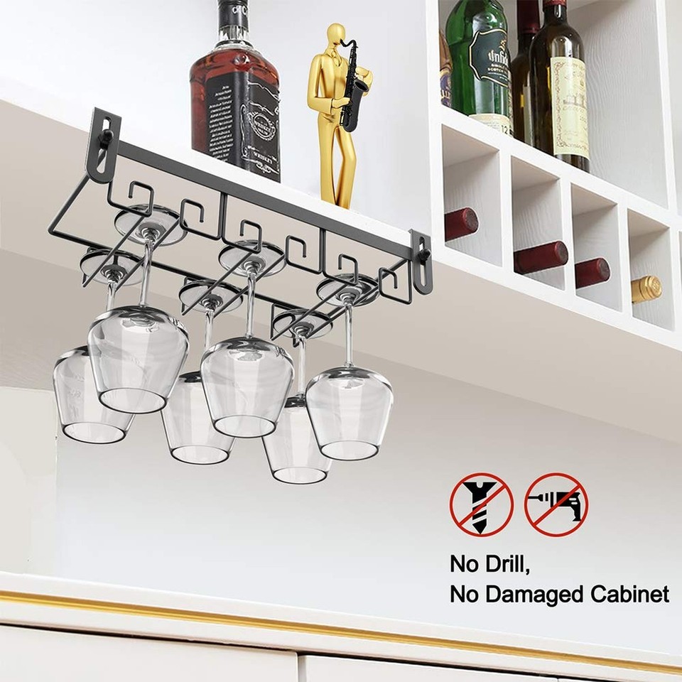 Under Shelf Wine Glass Holder - Black, Stemware Rack for Cabinet, Holds ...