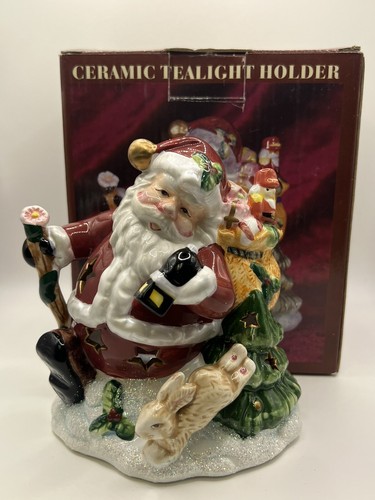 Glazed Ceramic Santa Tea Light Candle Holder In Box 5” Christmas ...