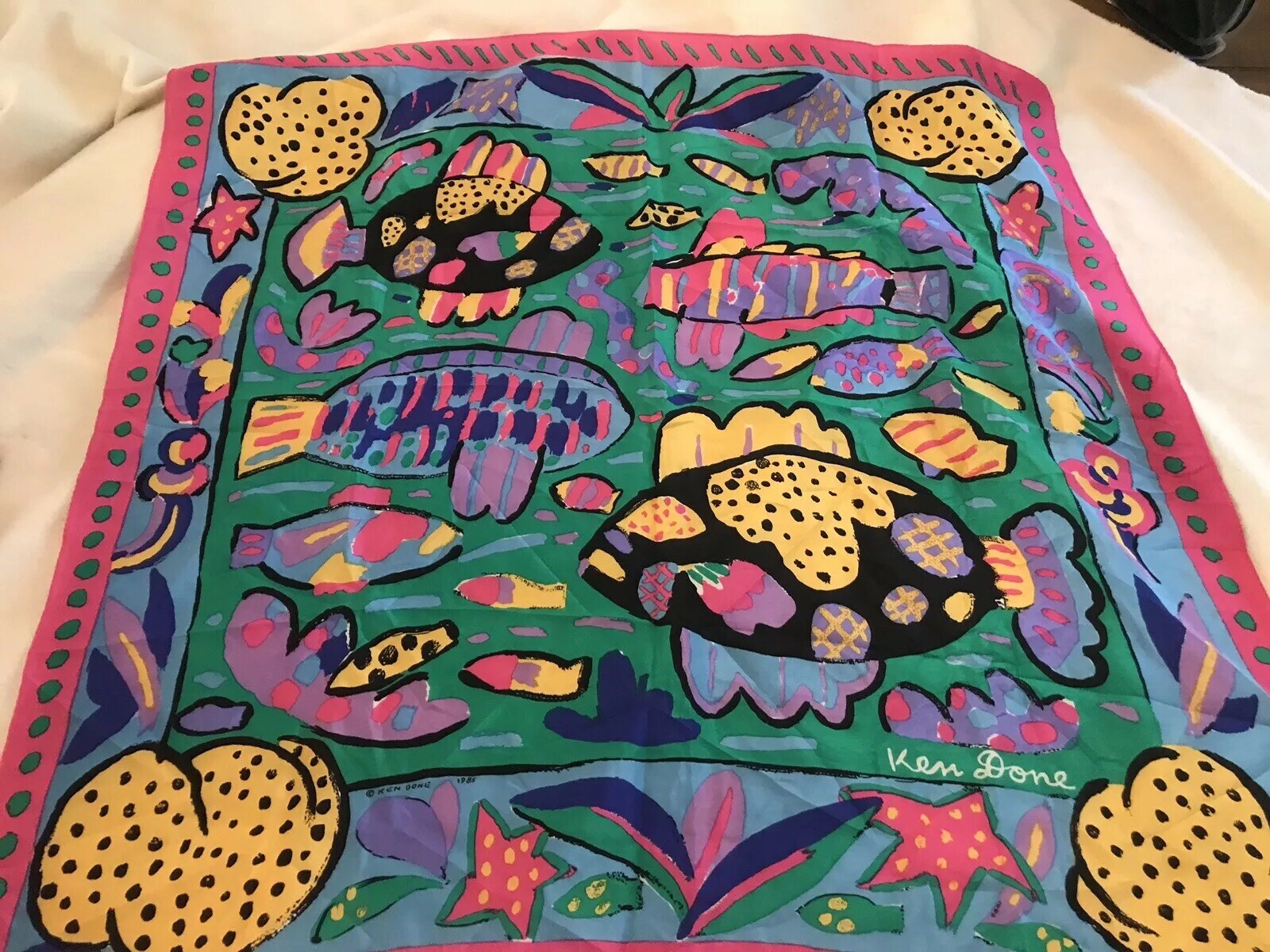 Ken Done Rare 1985 “ School Of Fish” Silk Scarf - Gem