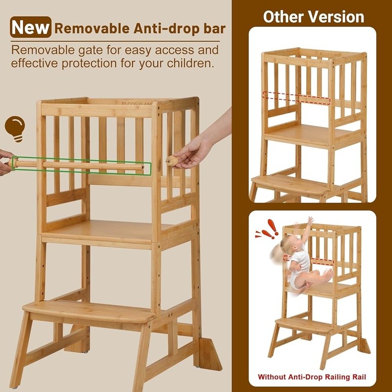 Toddler Kitchen Step Stool Adjustable Height Safety Rail Learning Tower ...