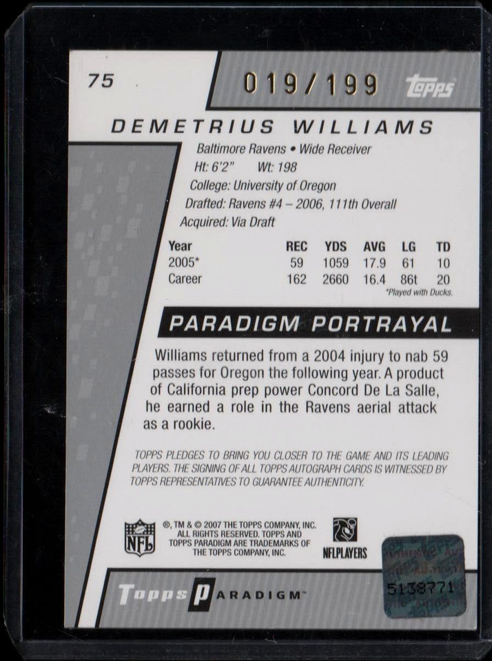 Demetrius Williams (Ravens) 2007 Topps Paradigm Rookie Autograph 019/ ...