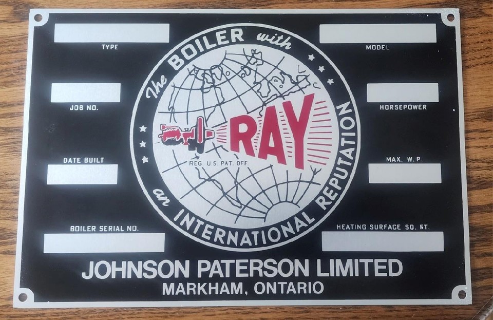 VINTAGE JOHNSON PATERSON MARKHAM ONTARIO CANADA RAY BOILER TAG EMBLEM ...