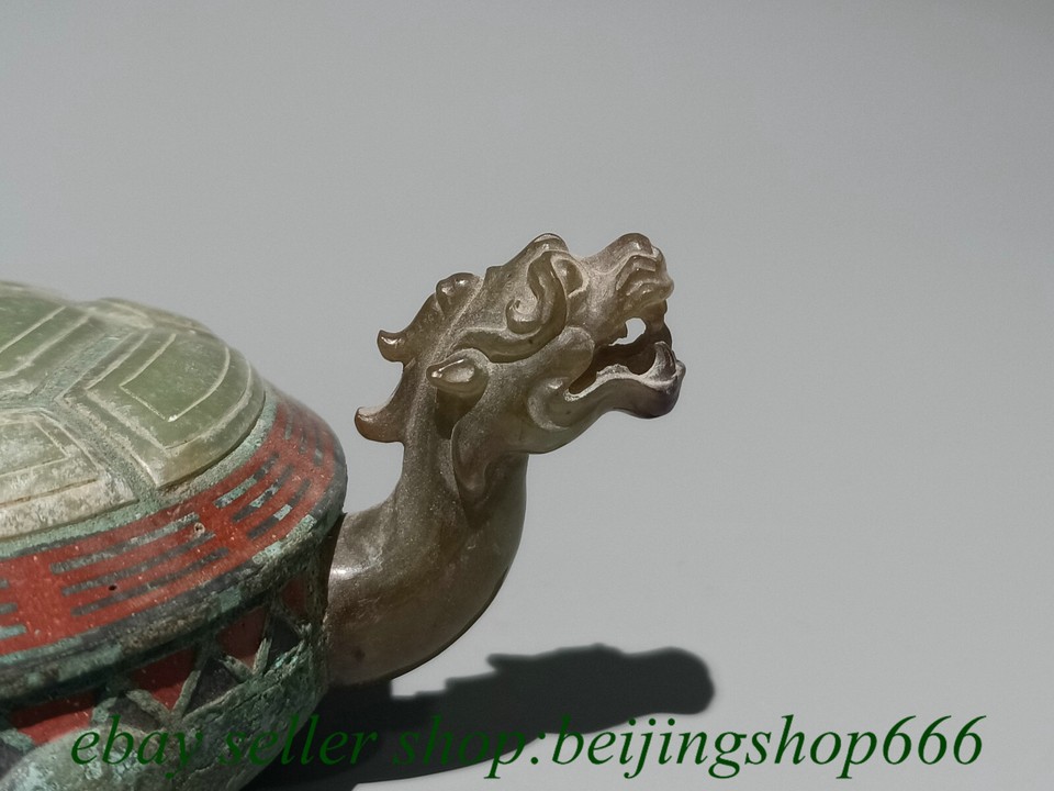 7.6" Old Chinese Han Dynasty Bronze ware Hetian jade Nephrite Dragon ...