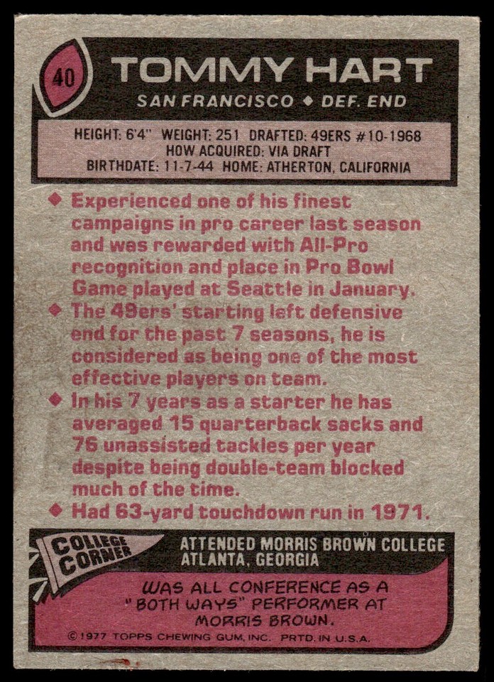 1977 Topps Tommy Hart San Francisco 49ers #40 | eBay
