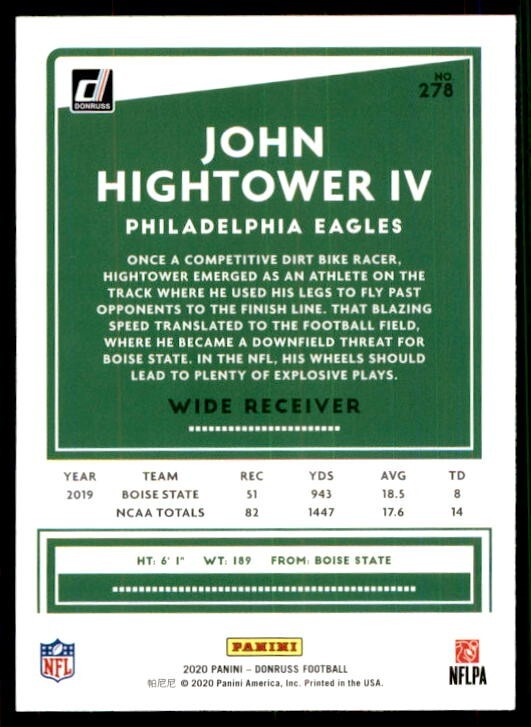 2020 DONRUSS FOOTBALL CARD PHILADELPHIA EAGLES #278 JOHN HIGHTOWER IV ...