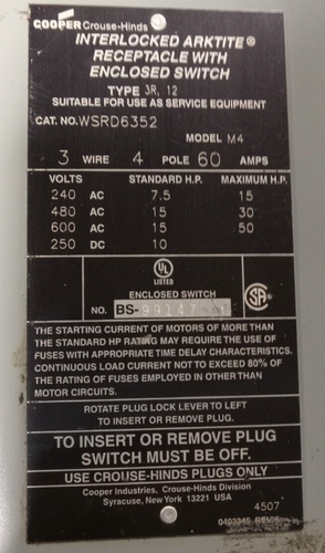 CROUSE HINDS 60 AMP FUSED 3R SAFETY SWITCH 3 POLE W/ ARKTITE 600 VAC ...