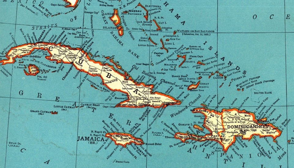 1939 Vintage CARIBBEAN Map West Indies Map Cuba Puerto Rico Jamaica Map ...