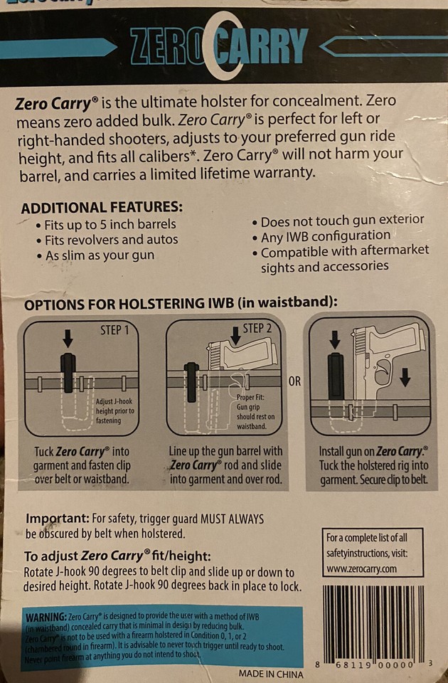 BRAND NEW Zero Carry Concealed Carry Gun Holster For Any Handgun Over ...