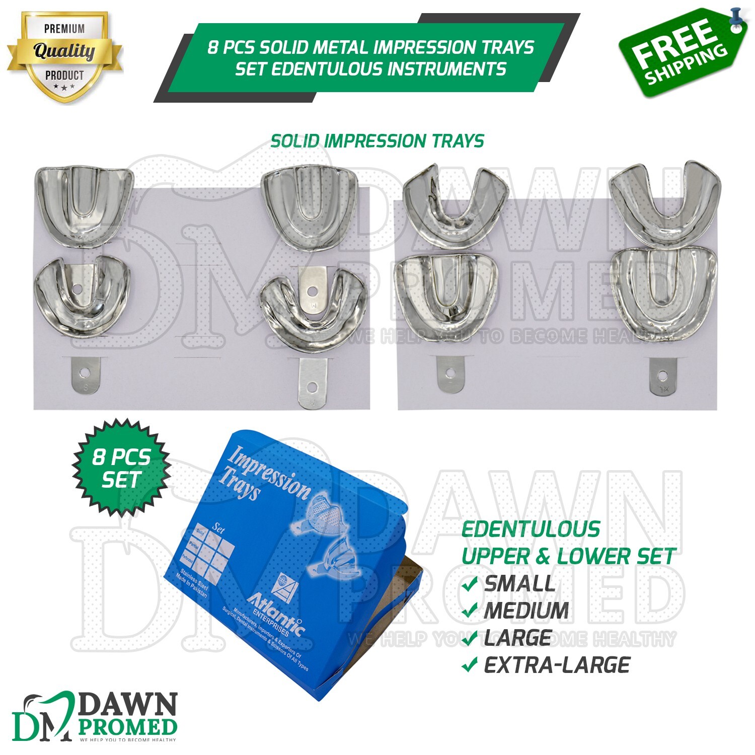 8 Pcs Solid S, M, L, XL Metal Impression Trays Set Edentulous Dental ...