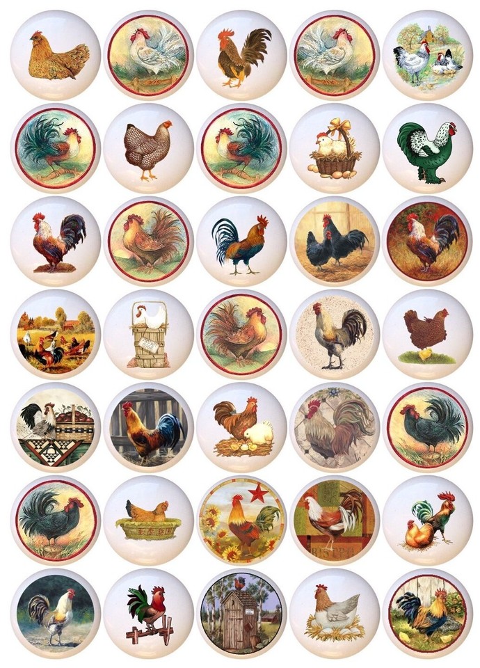Set of 35 Chickens Roosters CERAMIC Drawer Pulls Dresser Drawer Cabinet ...
