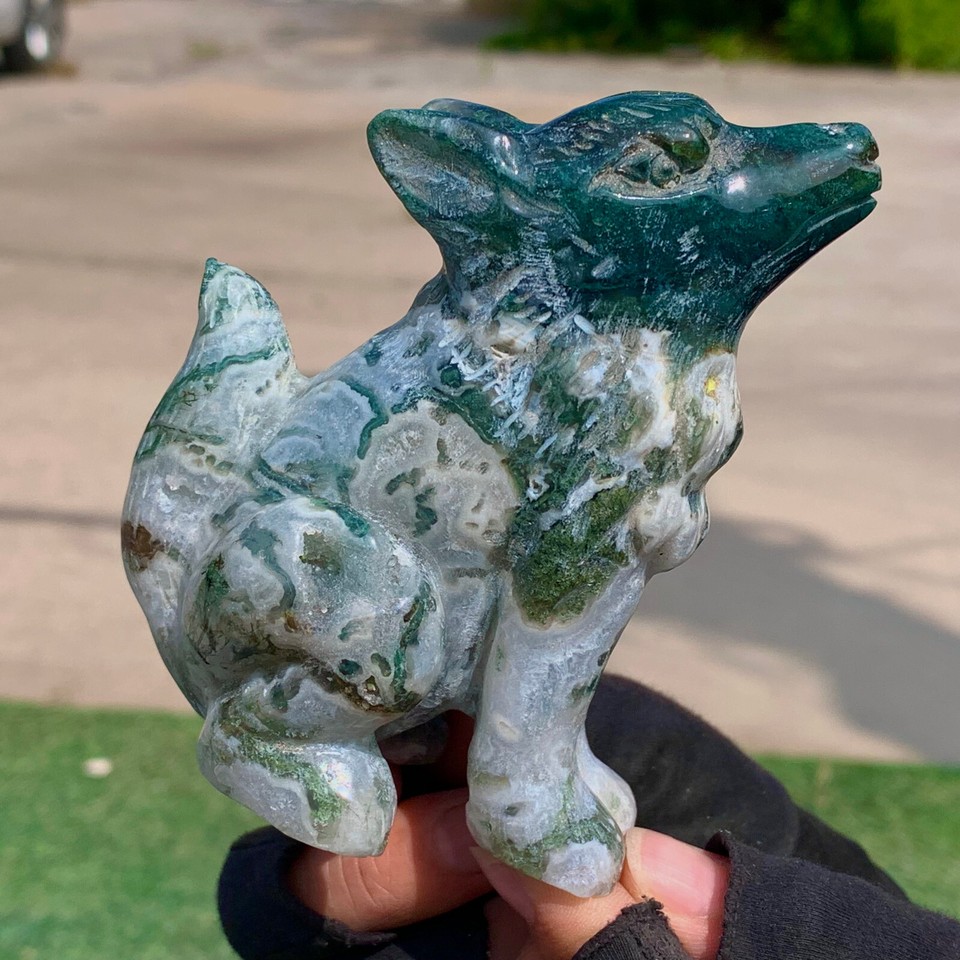 364G Natural Moss Agate Crystal Carving wolf Stone | eBay