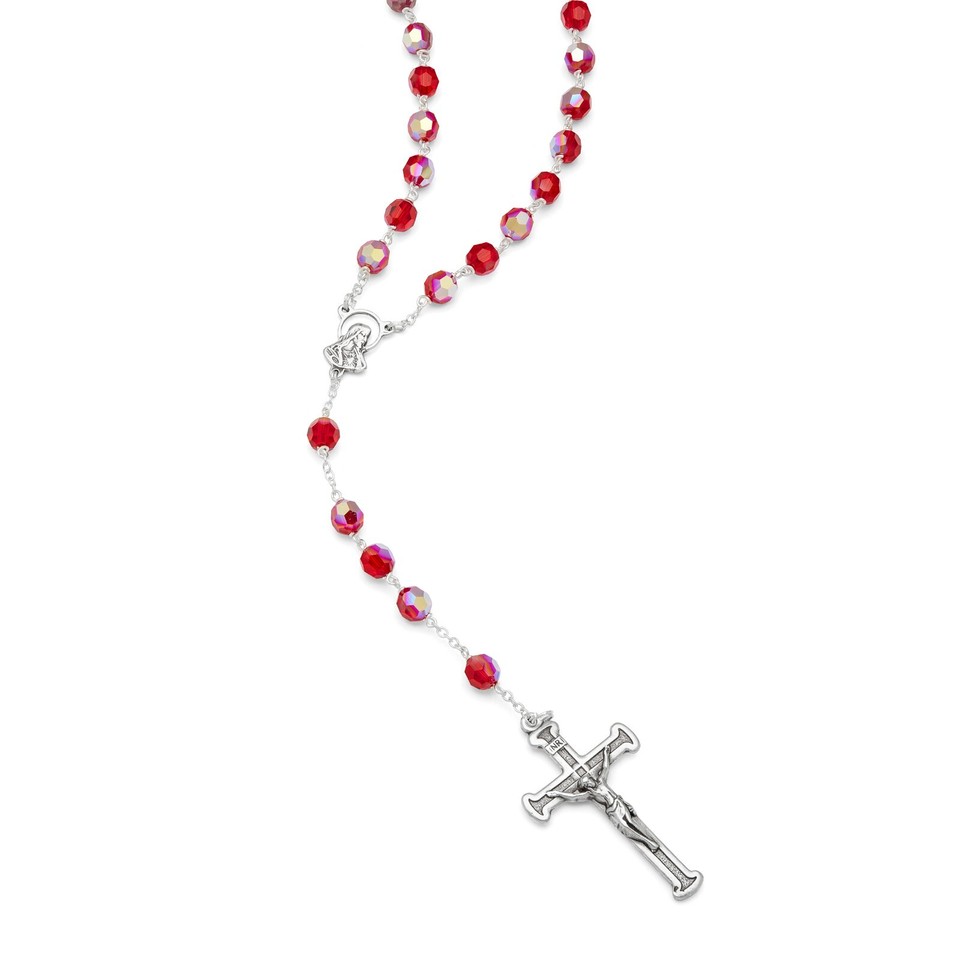 Sterling Silver Blessed Rosary Red ruby Swarovski Beads Catholic Prayer ...