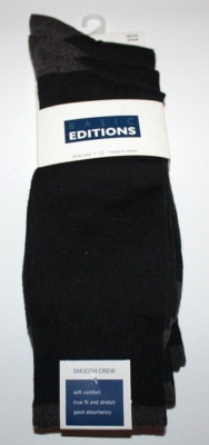 Basic Editions Men's 3 Pair Gray/Black Smooth Crew Socks - Shoe Size 7 ...